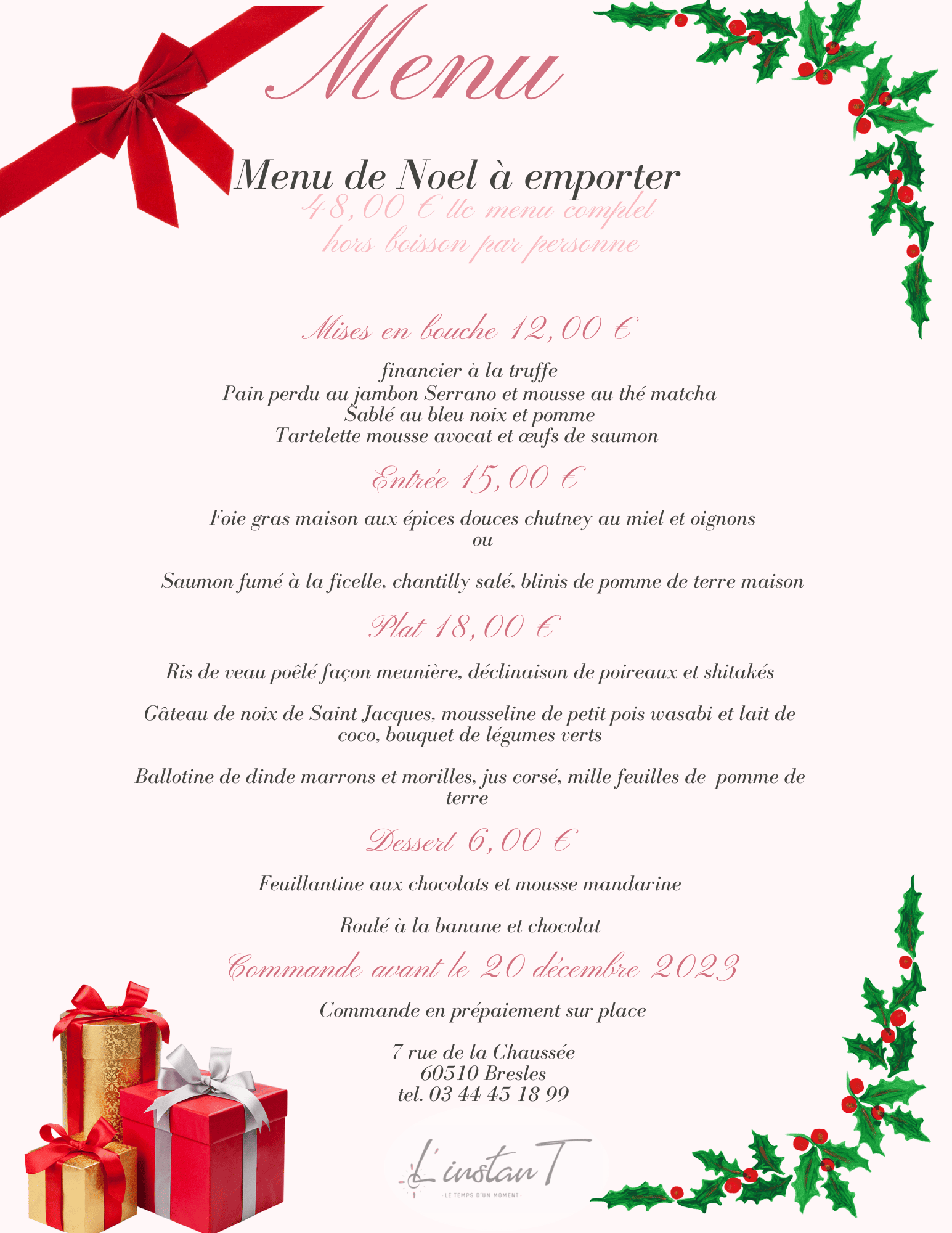 Menu de Noël - L'Instan T, Restaurant Bistrot à Bresles